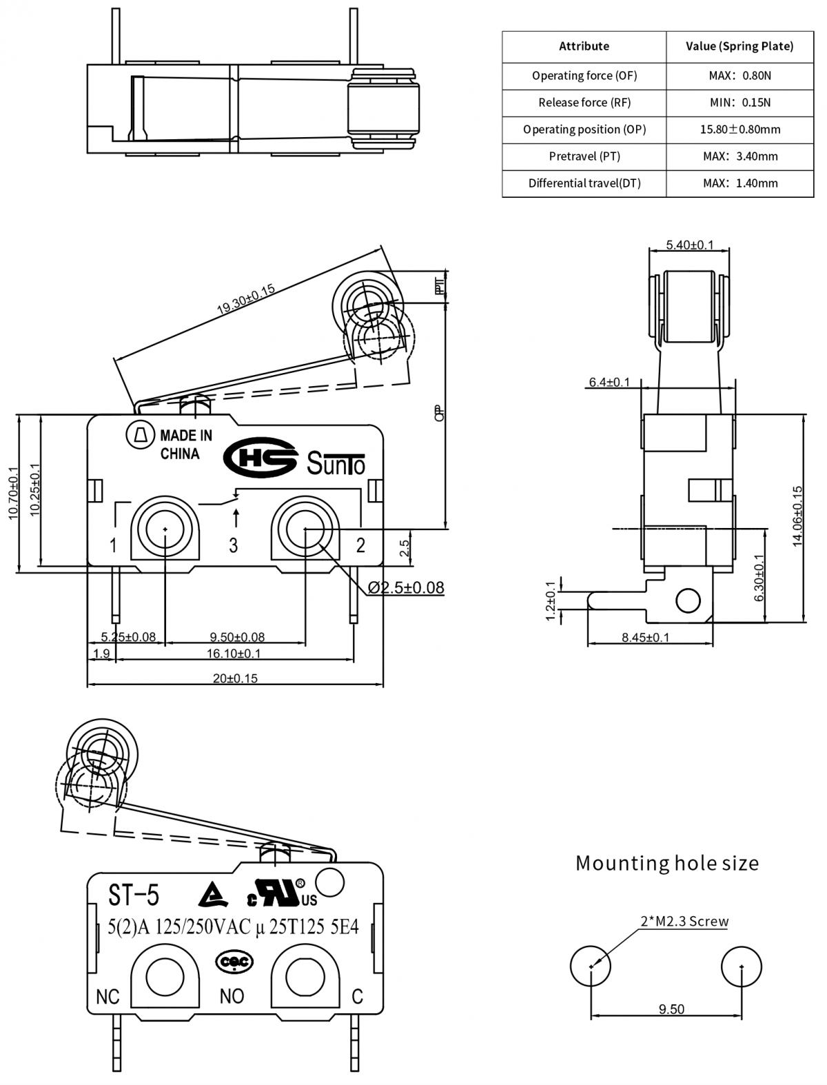 Roller lever 5A microswitches Terminal Quick-connect SPST-NO-Sywitch