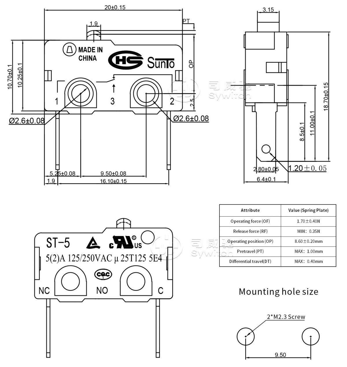 110 type plug-in terminal block 5A SPST-NC micro switch-Sywitch