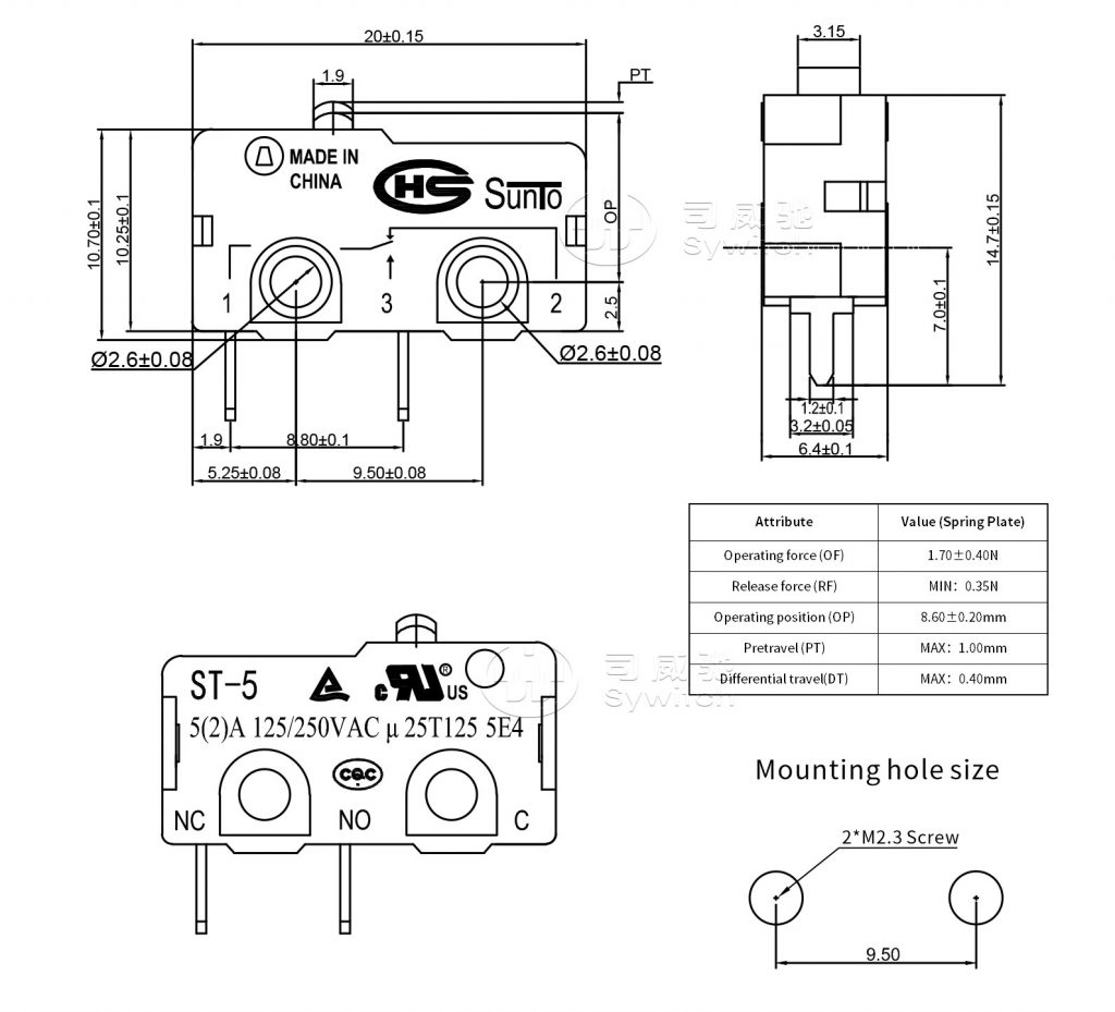 5A Normally Open PCB Solder Terminals Micro Switch-Sywitch